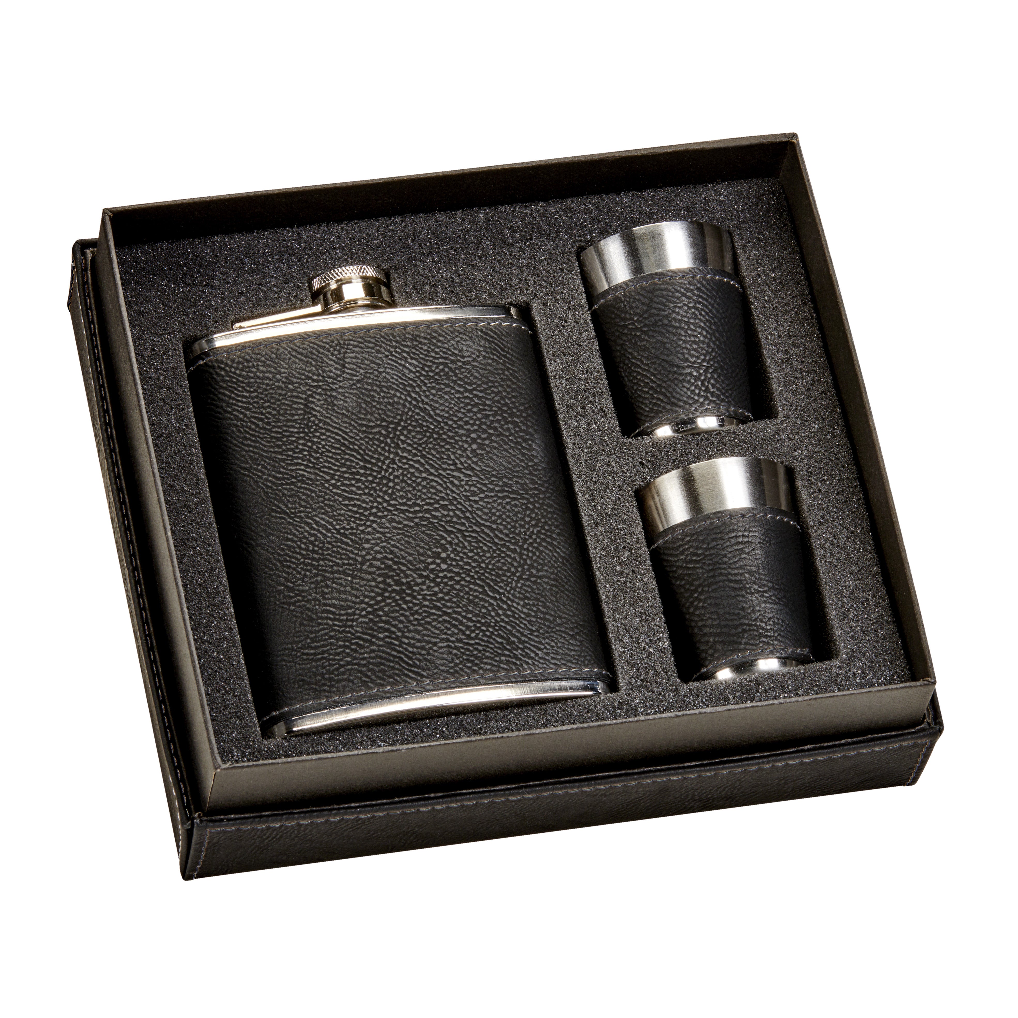 Leatherette Boxed Flask Set, 8 Oz Flask And 2 Shot Glasses, Black ...